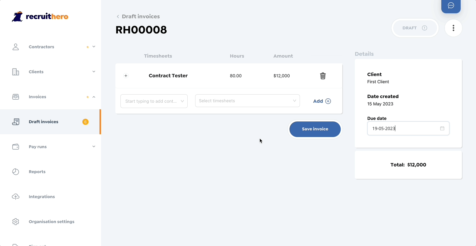 Delete draft invoice | Recruithero
